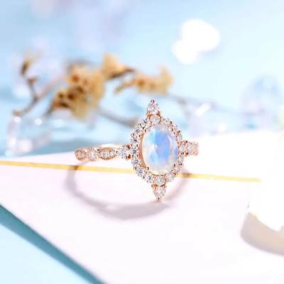 China Newest Rose Gold Plating 925 Sterling Silver Jewelry Oval Cut Blue Moonstone Engagement Rings for sale