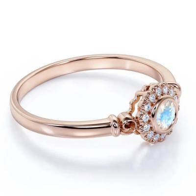 China 925 Sterling Silver Rose gold 1 Carat Flower Halo Ring Rainbow Moonstone Ring for sale