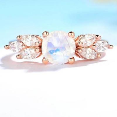 China 925 Sterling Silver Rose gold 1 Carat Flower Halo Ring Rainbow Moonstone Ring for sale