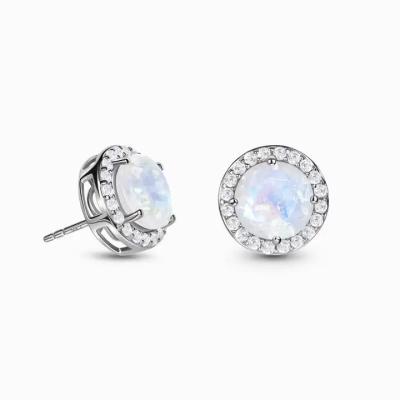 China 925 Sterling Silver Natural Moonstone Jewelry Faceted Blue Moonstone Double Halo Stud Earrings for sale