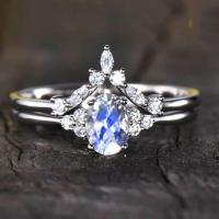 China 925 Sterling Silver Natural Stone Jewelry Rainbow Blue Moonstone Wedding Ring Set for sale