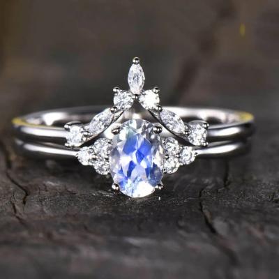 China 925 Sterling Silver Natural Stone Jewelry Rainbow Blue Moonstone Wedding Ring Set for sale