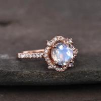 China 925 Sterling Silver Natural Gemstone Jewelry Round Faceted Rainbow Moonstone Engagement Ring for sale