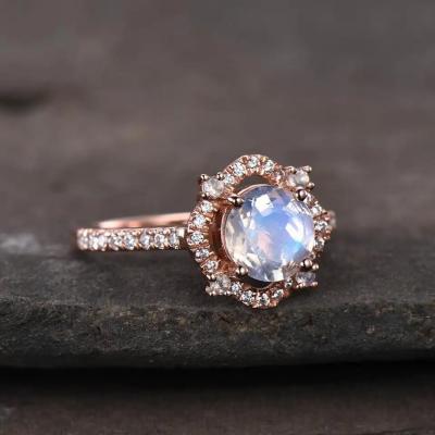 China 925 Sterling Silver CZ Wholesale Natural Stone Jewelry Faceted Rainbow Moonstone Ring for sale