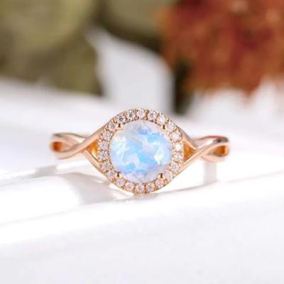 China 925 Sterling Silver Natural Gemstone Jewelry Round Faceted Rainbow Moonstone Engagement Ring for sale