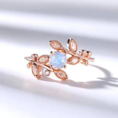 China High Quality 925 Sterling Silver Natural Stone Jewelry Faceted Rainbow Moonstone Leaf Ring for sale
