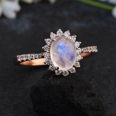 China 14K Rose Gold Oval Cabochon Cut Moonstone Engagement Ring Moonstone Halo Rings Jewelry for sale