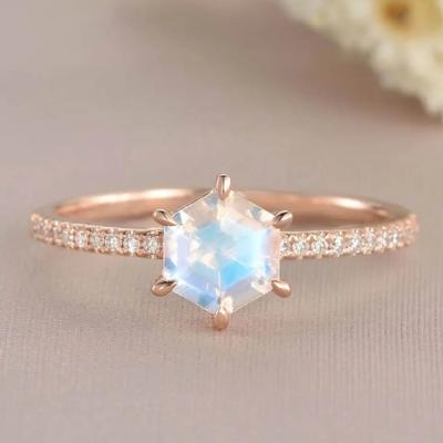 China Rose Gold Hexagon Shaped Wedding Jewelry Moonstone Engagement Ring for sale