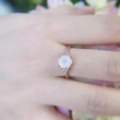 China Rose Gold Hexagon Shaped Wedding Genuine Moonstone Jewelry Dainty Natural Rainbow Moonstone Ring for sale