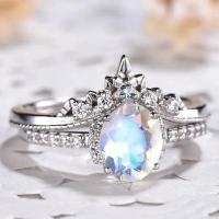 China White Gold Oval Moonstone Art Deco Unique Engagement Ring Set 925 Sterling Silver for sale