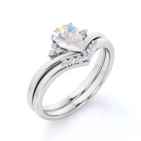 China S925 Gold Natural Pear Shape Cz Rainbow Moonstone Ring Boho Wedding Set for sale