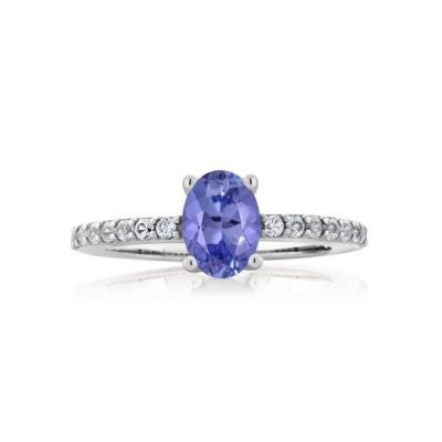 China Gem Stone King 1.05 Ct 7x5mm Oval Tanzanite White Created Sapphire 925 Silver Ring for sale