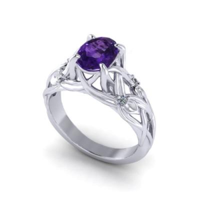 China Floral Amethyst Ring In 14k White Gold, 6x8mm Amethyst, Diamond .06cttw for sale