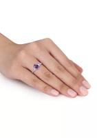 China Oval Cut Amethyst and Created White Sapphire 3-Stone Ring in Sterling Silver for sale