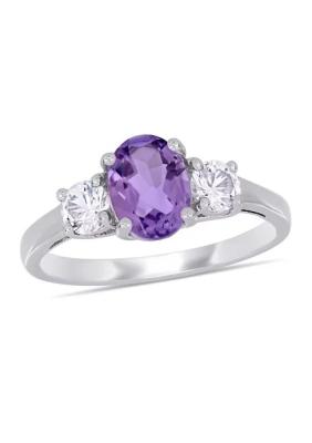 China Oval Cut Amethyst and Created White Sapphire 3-Stone Ring in Sterling Silver for sale