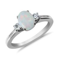 China Oval Lab-Created Opal, Blue and White Sapphire Open Frame Twist Shank Ring in Sterling Silver for sale