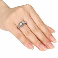 China Oval Lab-Created Opal, Blue and White Sapphire Open Frame Twist Shank Ring in Sterling Silver for sale
