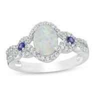 China 7.0mm Lab-Created Opal and White Sapphire Frame Ring in Sterling Silver for sale