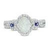China Oval Lab-Created Opal, Blue and White Sapphire Open Frame Twist Shank Ring in Sterling Silver for sale