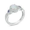 China Oval Lab-Created Opal, Blue and White Sapphire Open Frame Twist Shank Ring in Sterling Silver for sale