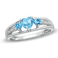 China Heart Shaped Blue Topaz and CZ Accent Three Stone Promise Ring 10K White Gold for sale