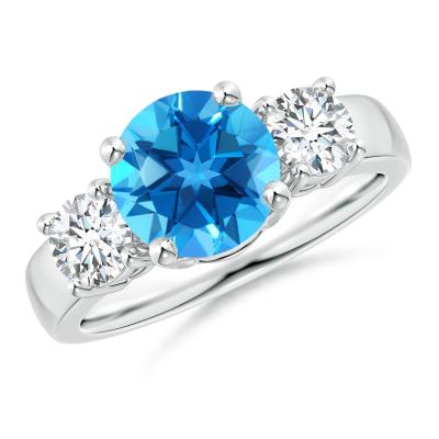China Classic Swiss Blue Topaz And CZ Three Stone Engagement Ring 925 Sterling Silver for sale