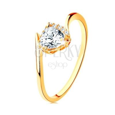 China 9K Gold Ring, Heart Cut Zircon In Clear Colour Gripped Between Bent Ends Of Shoulders, Decorated Mount for sale