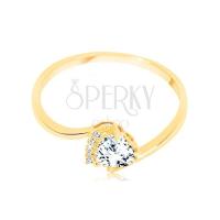 China 9K Gold Ring, Heart Cut Zircon In Clear Colour Gripped Between Bent Ends Of Shoulders, Decorated Mount for sale