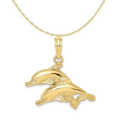 China 10K Yellow Gold Polished Engraved Dolphins Pendant Charm With 14K Yellow Gold Lightweight Rope Chain Necklace for sale