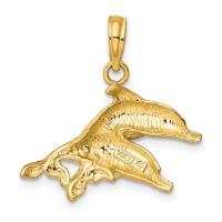 China 10K Yellow Gold Polished Engraved Dolphins Pendant Charm With 14K Yellow Gold Lightweight Rope Chain Necklace for sale