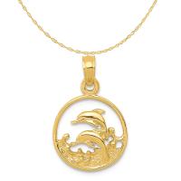 China Carat in Karats 14K Yellow Gold Double Dolphin Circle Pendant Charm With 10K Yellow Gold Lightweight Rope Chain Necklace for sale