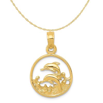 China Carat in Karats 14K Yellow Gold Double Dolphin Circle Pendant Charm With 10K Yellow Gold Lightweight Rope Chain Necklace for sale