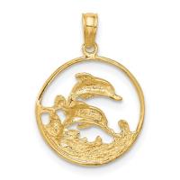 China Carat in Karats 14K Yellow Gold Double Dolphin Circle Pendant Charm With 10K Yellow Gold Lightweight Rope Chain Necklace for sale