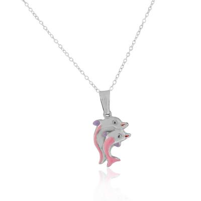 China 925 Sterling Silver 3D Enamel Two Dolphins Couple Charm Pendant Necklace for sale