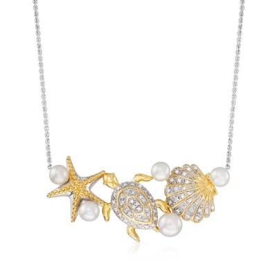 China 4-5.5mm Cultured Pearl and .14 ct. t.w. Diamond Sea Life Necklace in Sterling Silver and 18kt Gold Over Sterling Details for sale