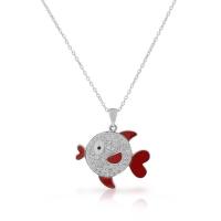 China Sea Life Red Enamel White Clear CZ Fish Pendant Necklace 925 Sterling Silver for sale