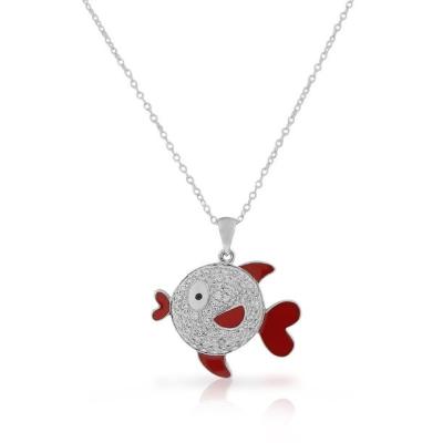 China Sea Life Red Enamel White Clear CZ Fish Pendant Necklace 925 Sterling Silver for sale