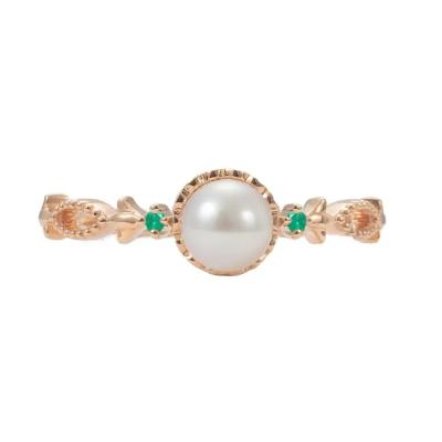 China Plated Natural Freshwater Round Cut Pearl Green Emerald Vintage Engagement Ring In Sterling Silver for sale