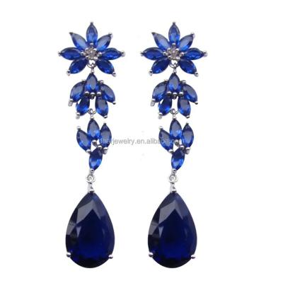 China Wedding Jewelry, Long earring blue Tanzanite Color Stone 925 Silver Rhodium Plated for sale