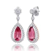 China S925 Yellow Gold Plated Natural Pear Shaped Pink Tourmaline Earrings Halo CZ for sale
