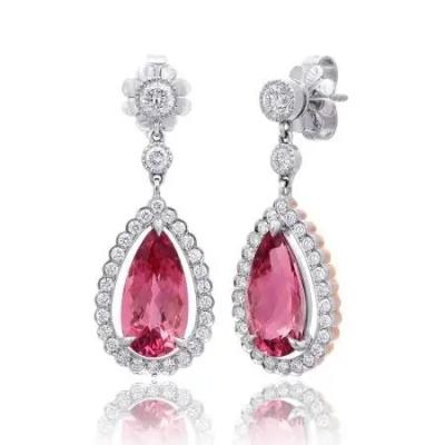 China S925 Yellow Gold Plated Natural Pear Shaped Pink Tourmaline Earrings Halo CZ for sale