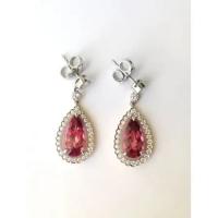 China S925 Yellow Gold Plated Natural Pear Shaped Pink Tourmaline Earrings Halo CZ for sale