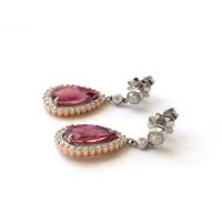 China S925 Yellow Gold Plated Natural Pear Shaped Pink Tourmaline Earrings Halo CZ for sale