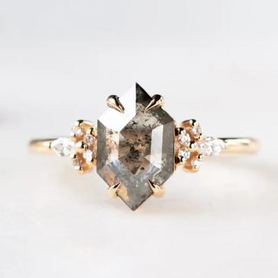 China 925 Silver Hexagon Cut Salt and Pepper Diamond Moissanite Ring Curved Matching Women Ring Sets for sale