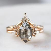 China 925 Silver Hexagon Cut Salt and Pepper Diamond Moissanite Ring Curved Matching Women Ring Sets for sale