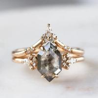 China 925 Silver Hexagon Cut Salt and Pepper Diamond Moissanite Ring Curved Matching Women Ring Sets for sale