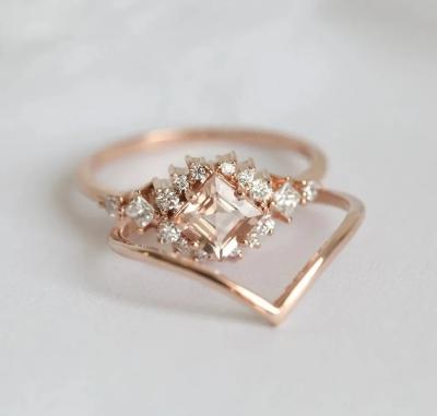 China 925 Sterling Silver Fascination Pretty Rose Gold Plated Fine Sparkling Morganite Halo Ring Set for sale