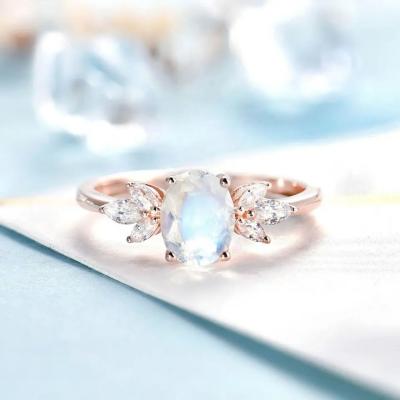 China Rose gold Women 925 Sterling Silver Bridal Marquise Jewelry Faceted Oval cut Moonstone Engagement Ring For Women for sale