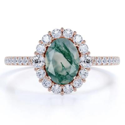 China Unique S925 Rose Gold Plated Round Cut White CZ Jewelry Natural Moss Agate Rings Top Quality Design Factory Ring for sale