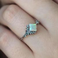 China Square CZ Rhodium Plated Natural Opal Ring 925 Sterling Silver Graceful Jewelry for sale